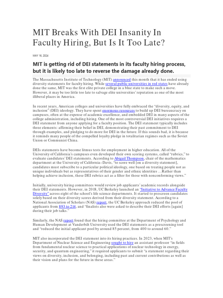 MIT Breaks With DEI Insanity in Faculty Hiring, But Is It Too Late ...