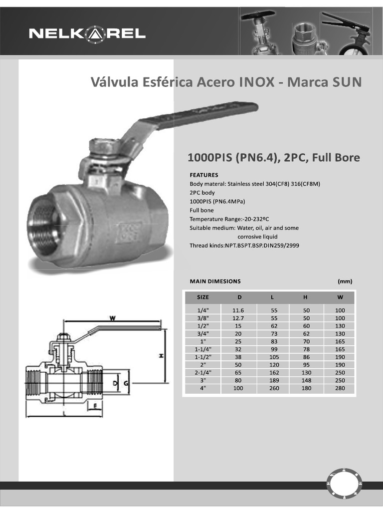 Ficha Tecnica Valvula Esferica (Bola) 2 Cuerpos Acero Inox. C-316 | PDF