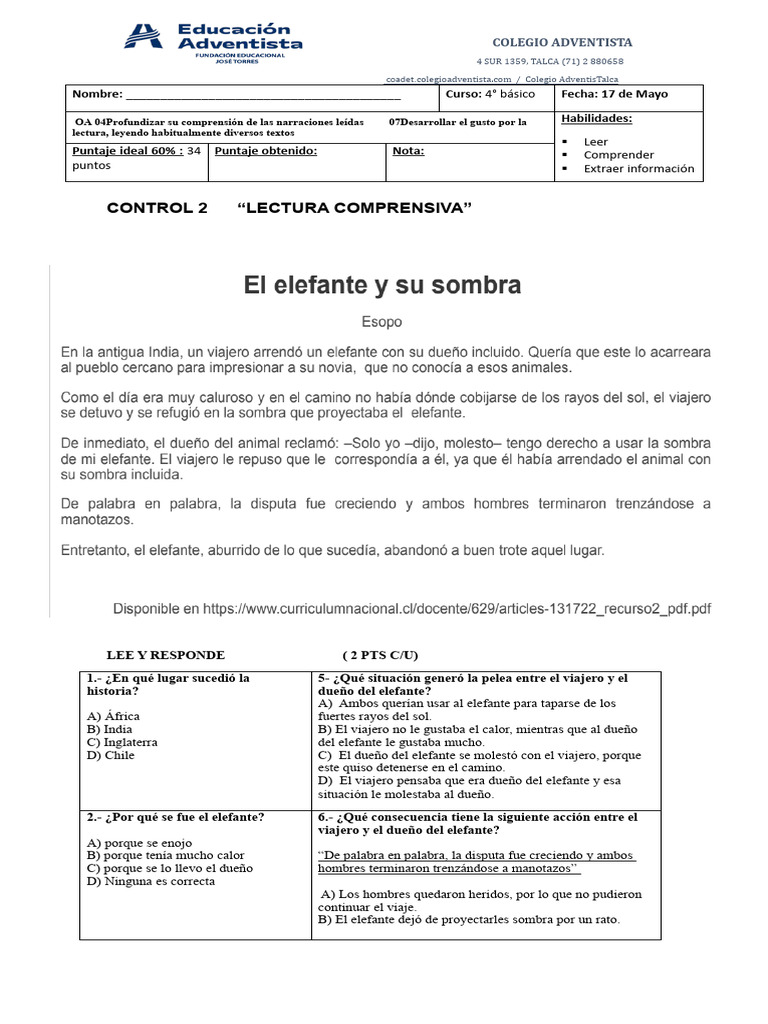 CONTROL 2 DE LECTURA Comprensiva 4 Básico | PDF CONTROL 2 DE LECTURA Comprensiva 4 Básico | PDF