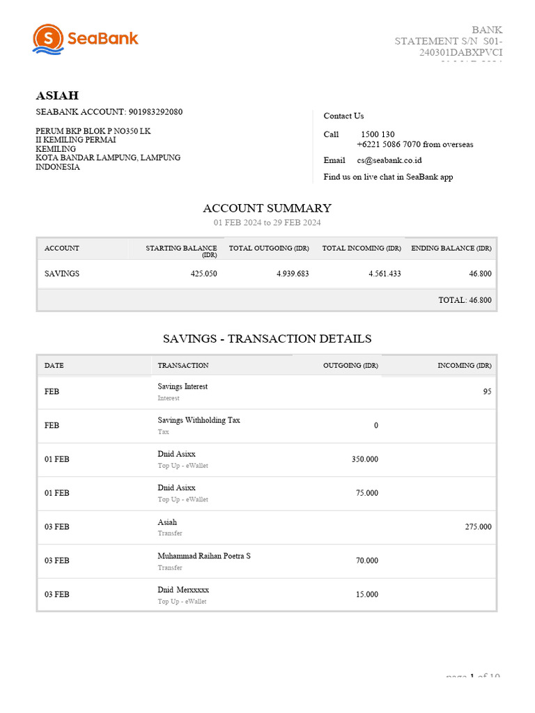 Seabank Account Statement February 2024 | PDF | Indonesian Rupiah ...