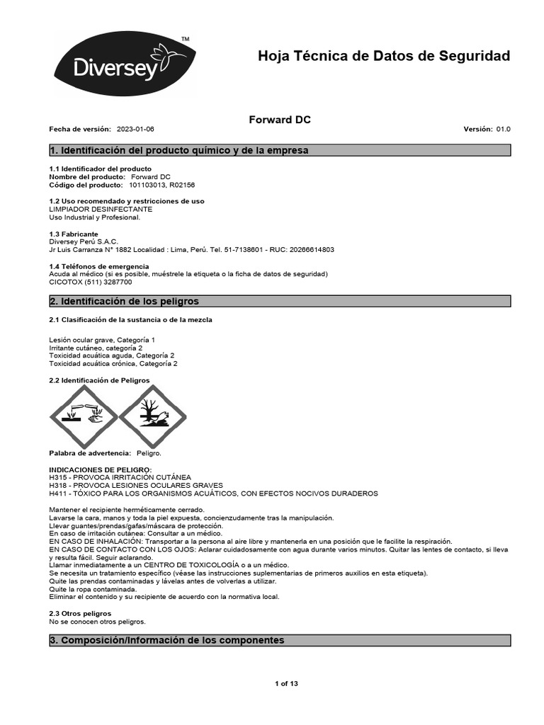 Detergente Forward DC Env X 5LTR Diversey R02156 | PDF | Agua | Química