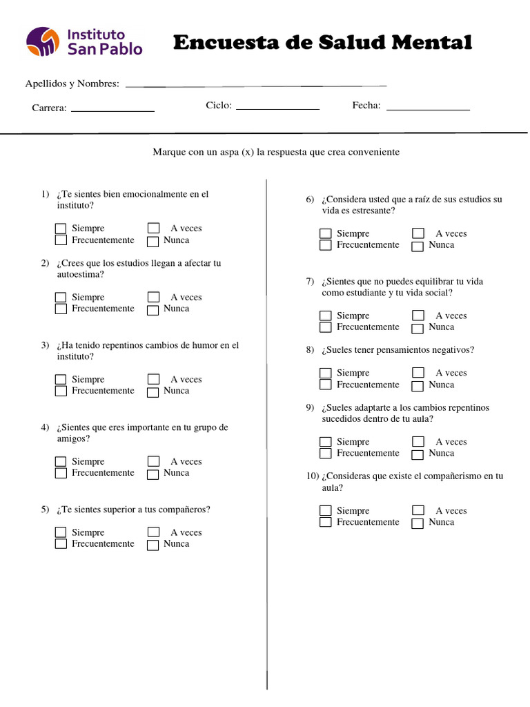 Encuesta Sobre Salud Mental | Descargar gratis PDF | Sicología | Ciencias del comportamiento