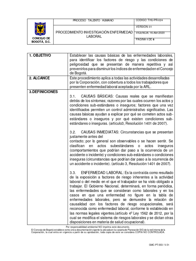 Thu PR 024 Proced Inv Enfermedades Laborales v01 | PDF | Vigilancia | Seguridad y salud ocupacional