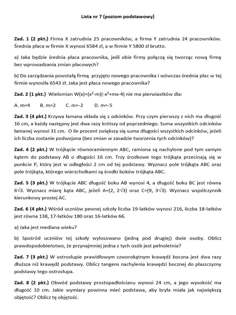 Lista 7 Poziom Podstawowy | PDF