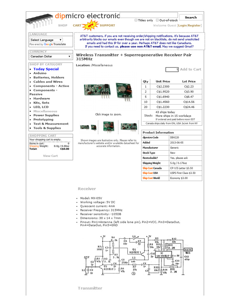 Wireless Transmitter + Superregenerative Receiver Pair 315MHz ...