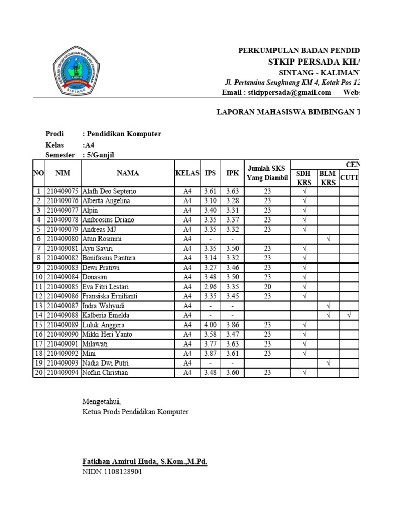 Rekapitulasi Bimbingan Semester Ganjil Mahasiswa Kelas A4 Pendidikan Komputer 2024 | PDF