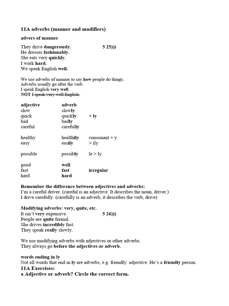 11A Adverbs (Manner and Modifiers) | PDF | Adverb | Adjective
