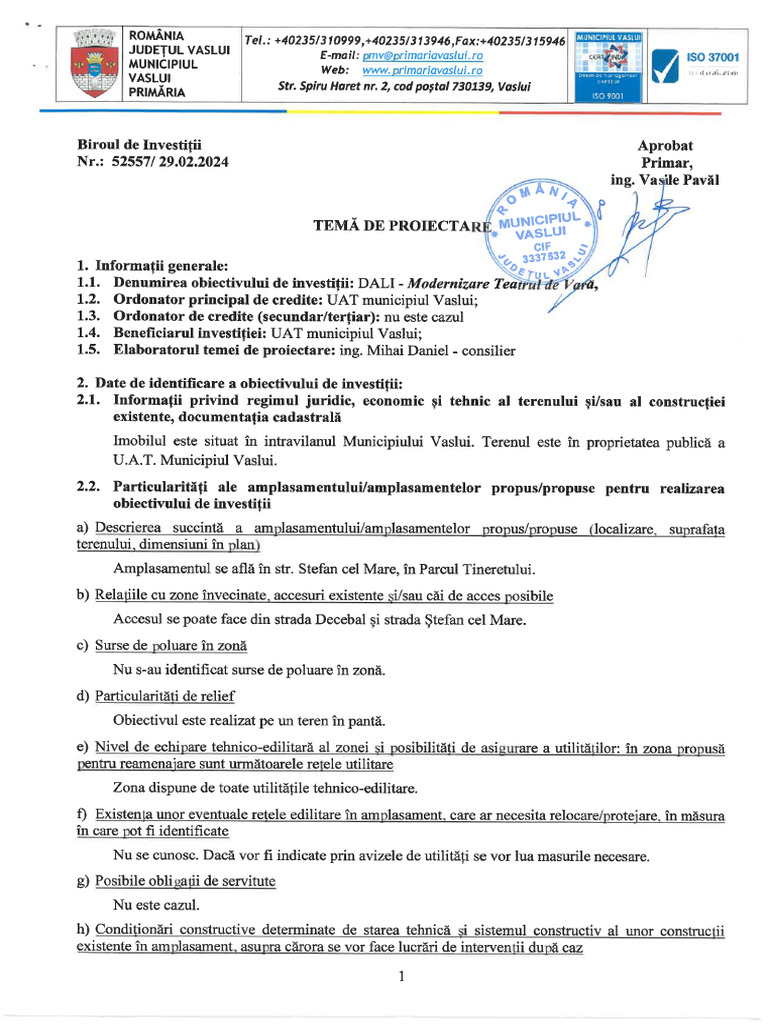 Tema de Proiectare DALI - Teatrul de Vara | PDF