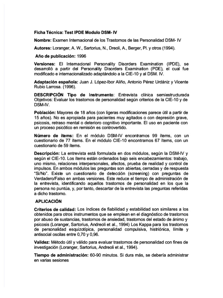 IPDE Ficha Tecnica | PDF | Enfermedades y trastornos | Psiquiatría