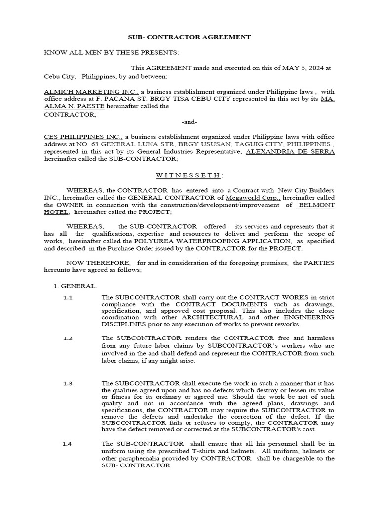 Sub-Contract Agreement - PO#69907 | PDF | General Contractor | Employment