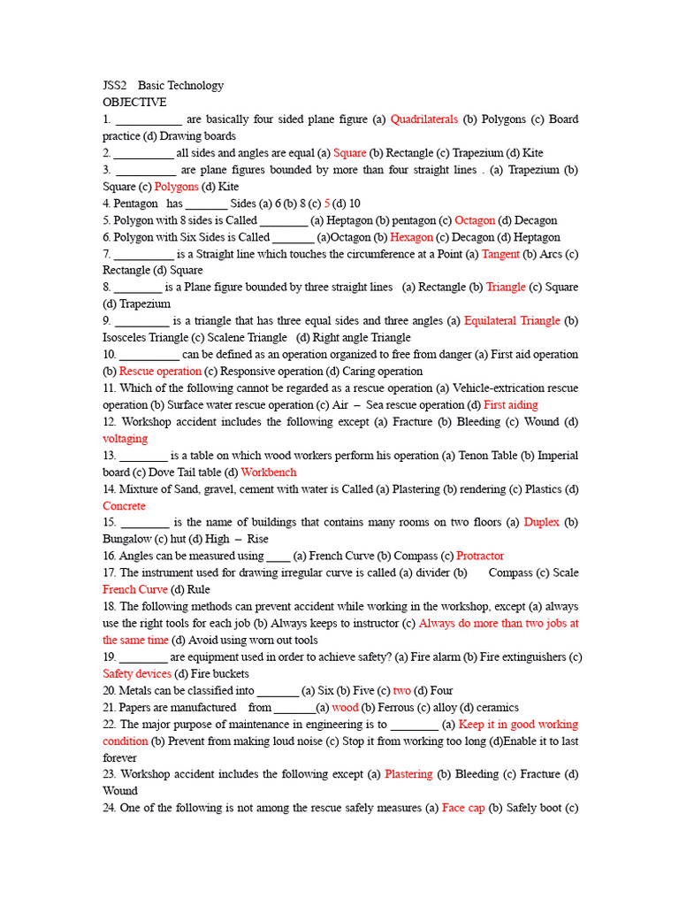 JSS2 Basic Tec - Ans | PDF | Rectangle | Triangle