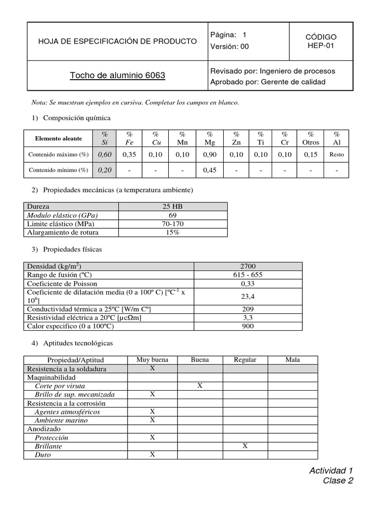 hoja especificion tecnica de producto | PDF | Aluminio | Materiales