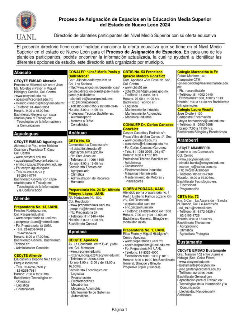 Directorio Preparatorias Nuevo León 2024 | PDF | Ingeniería