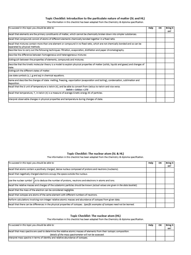 New IB Topic Checklists For EoY | PDF | Chemical Bond | Mole (Unit)