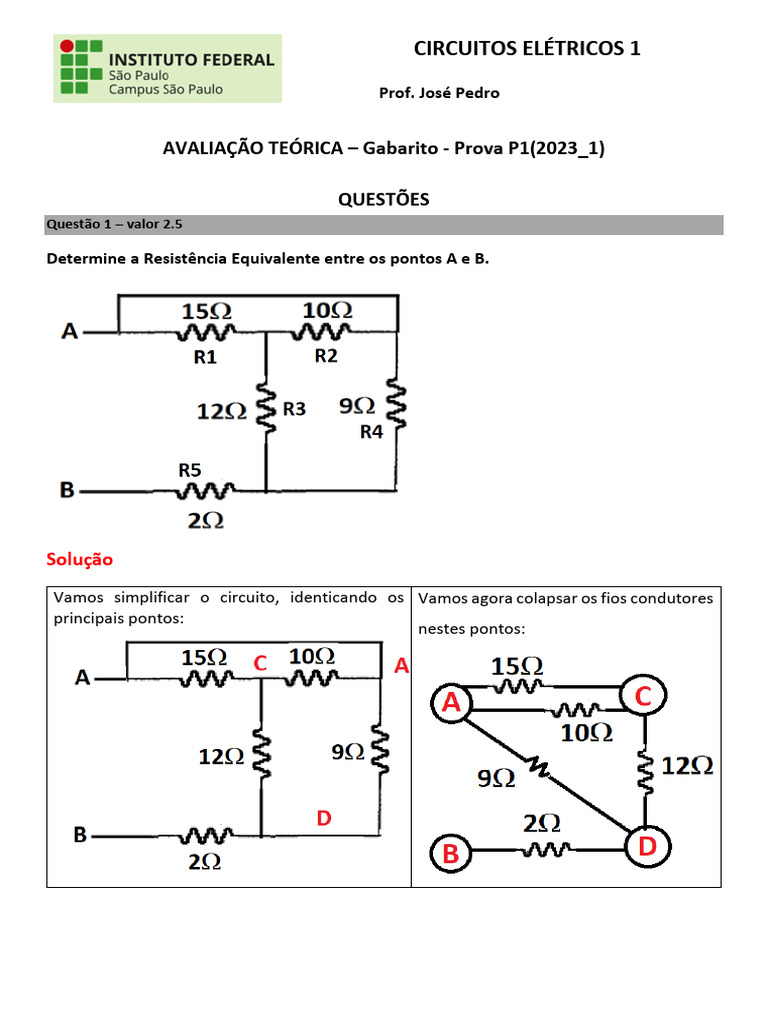 CIRC1 (CTA) - Gabarito - Prova P1R (2023 - 1) | PDF | Rede elétrica | Circuitos em série e em ...