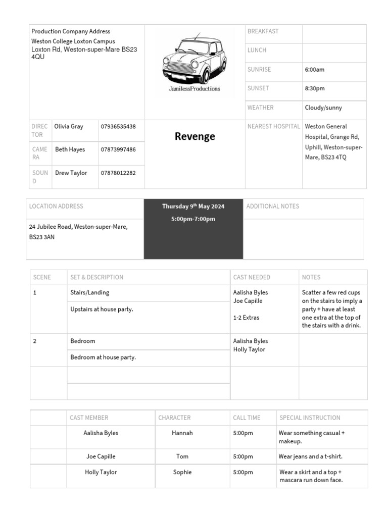 Short Film Call Sheet 2 | PDF