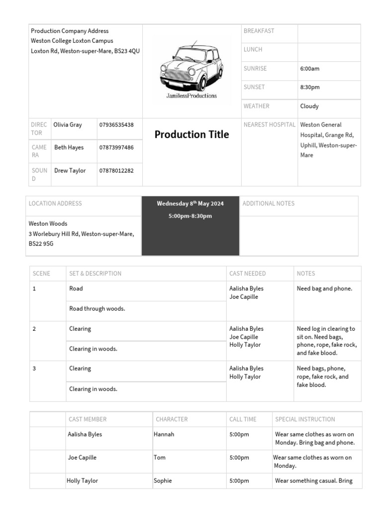 Short Film Call Sheet 3 | PDF