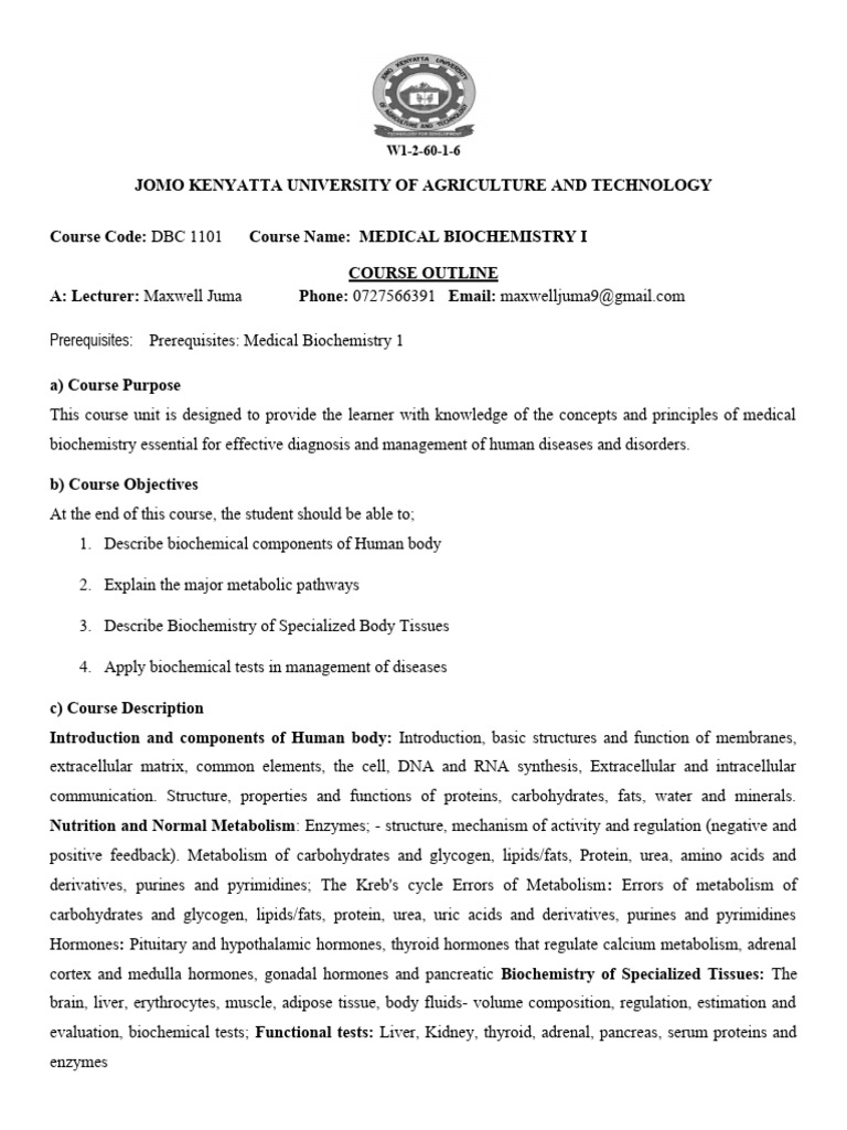 DBC 1101MEDICAL BIOCHEMISTRY I Course Outline | PDF | Metabolism | Proteins
