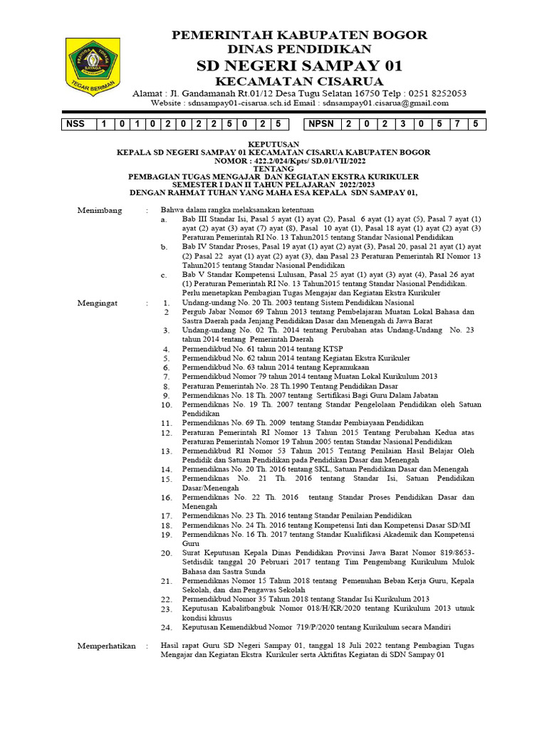 Pembagian Tugas SDN Sampay 01 2022/2023 | PDF