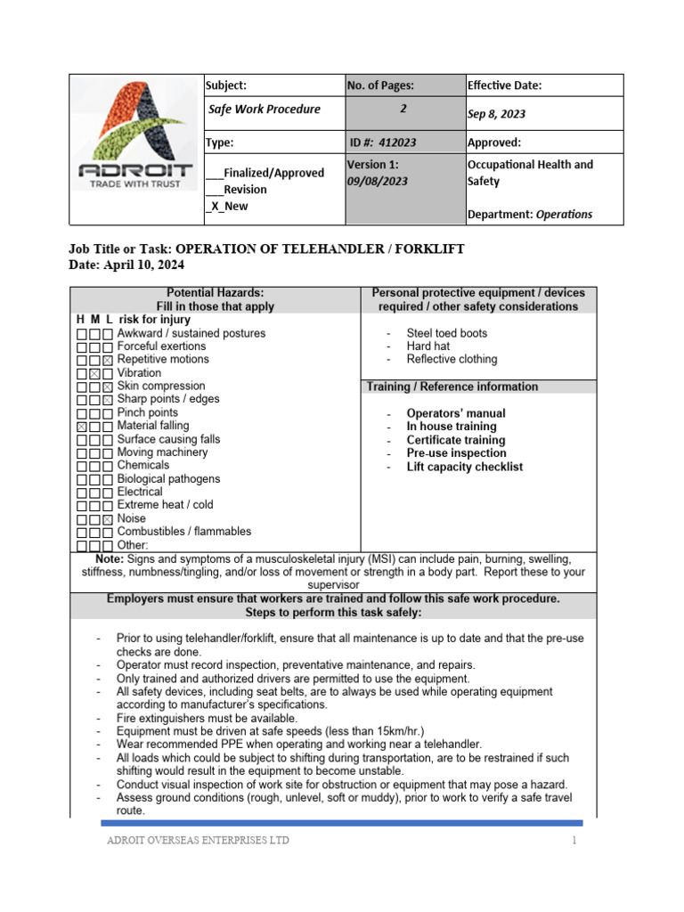 SWP - Operating Telehandler, Forklift | PDF | Forklift | Safety