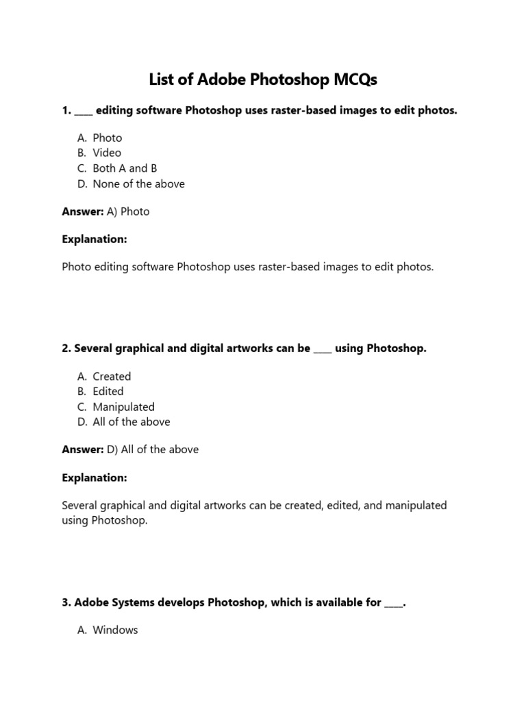 Photoshop MCQs for Learners | PDF | Adobe Photoshop | Image Processing
