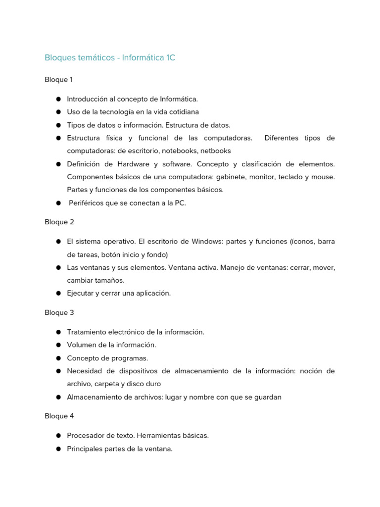 Bloques Temáticos - Informática 1C y 2C | PDF | Archivo de computadora | Informática