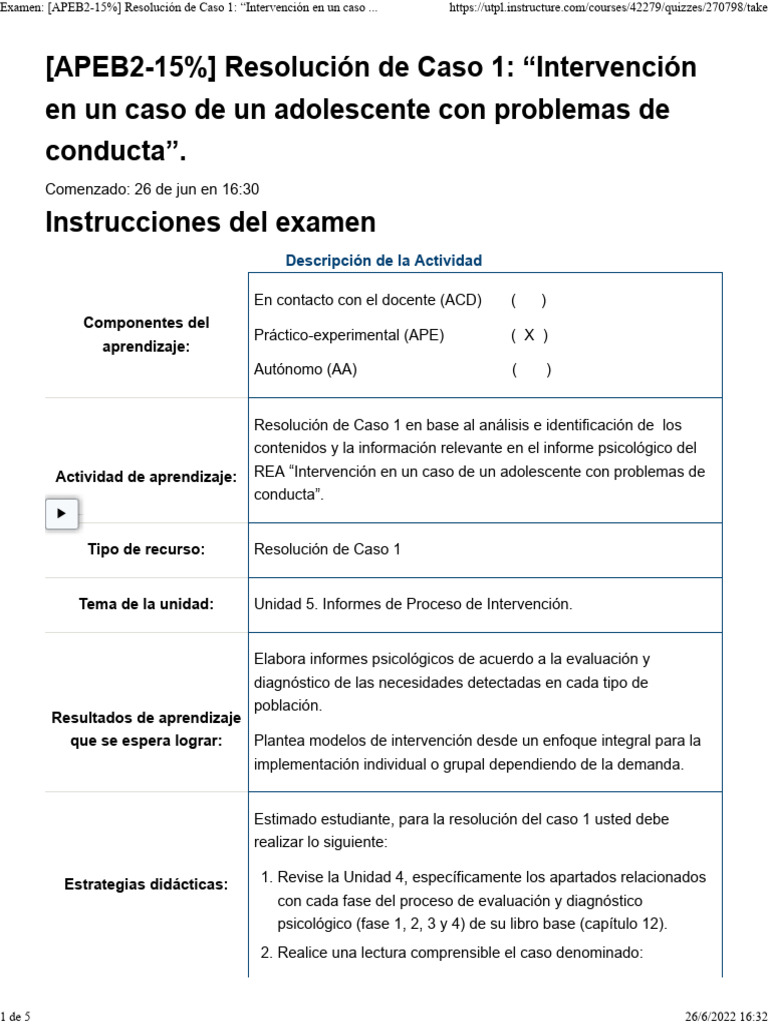 Examen (APEB2-15 - ) Resolución de Caso 1 "Intervención en Un Caso de Un Adolescente Con ...