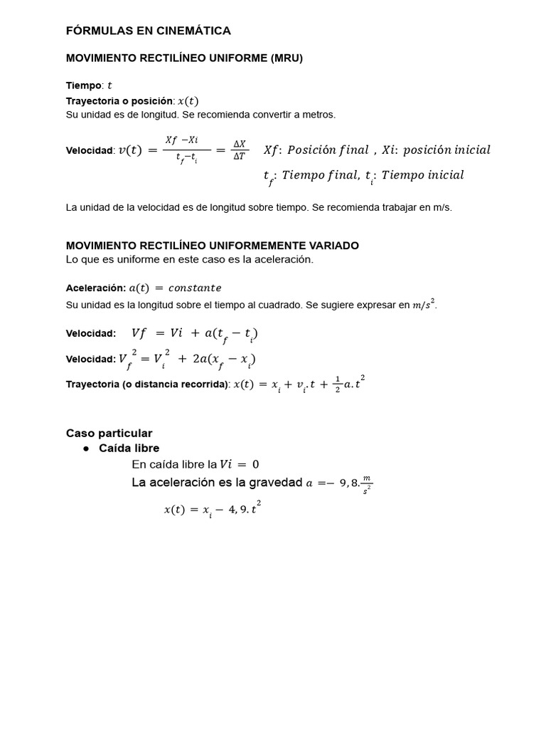 Fórmulas en Cinemática | PDF | Cinemática | Aceleración