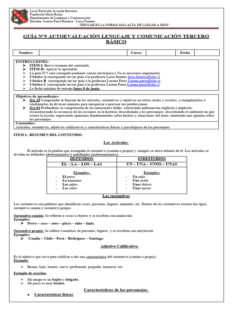 Guía de Lenguaje 3° Básico | PDF | Adjetivo | Sustantivo