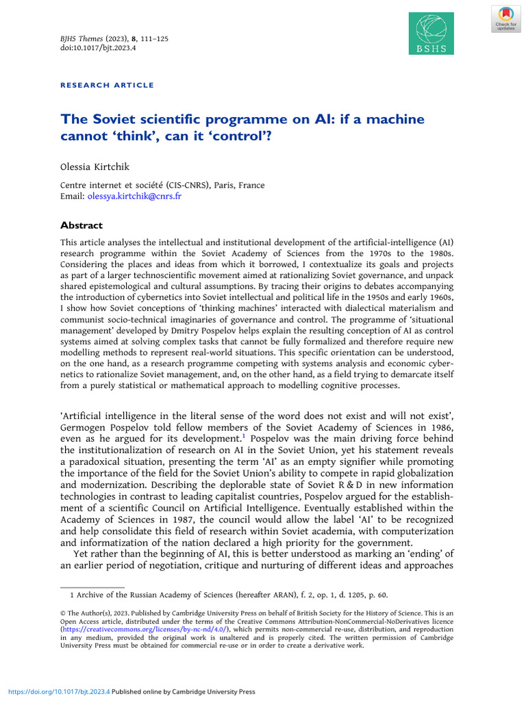 The Soviet Scientific Programme On Ai If A Machine Cannot Think Can It ...