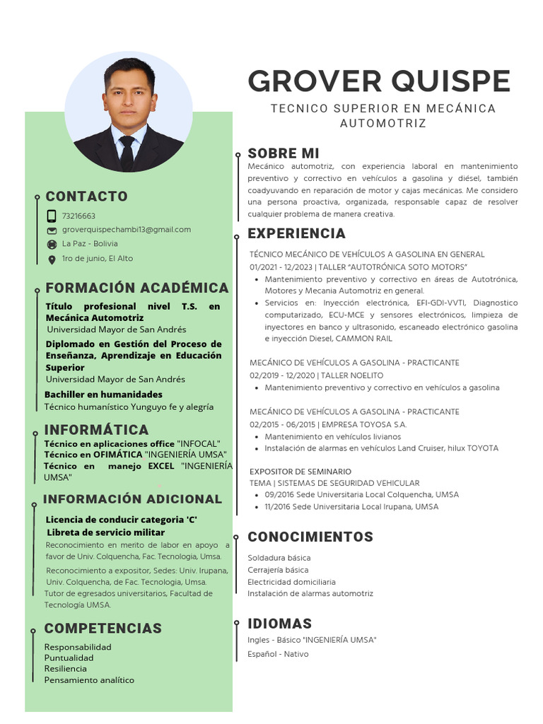 C.V. Tec. Sup. Mec. Automotriz Grover Quispe Chambi | PDF | Ingeniería