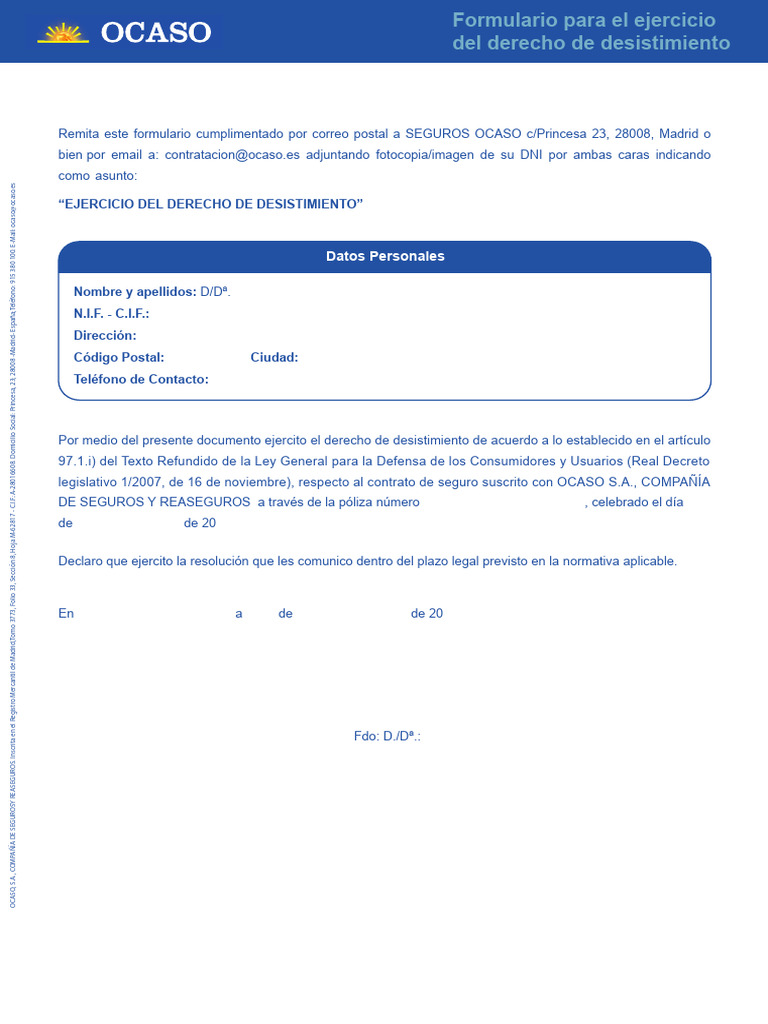 formulario-desistimiento-editable | PDF | Reaseguro | Póliza de seguros