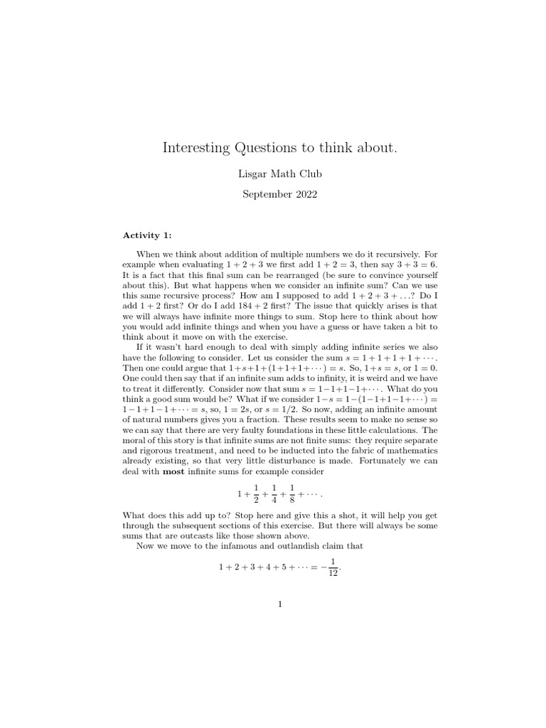 Infinite Sums 1 Pdf Series Mathematics Summation