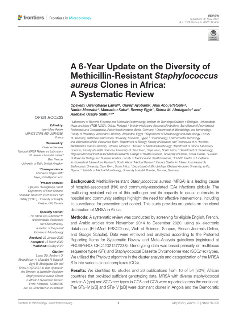 A 6-Year Update On The Diversity of Methicillin-Resistant Staphylococcus Aureus Clones in Africa ...
