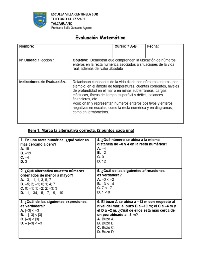 Evaluación Matemática Unidad1leccion1 7mo | PDF | Entero | Matemáticas