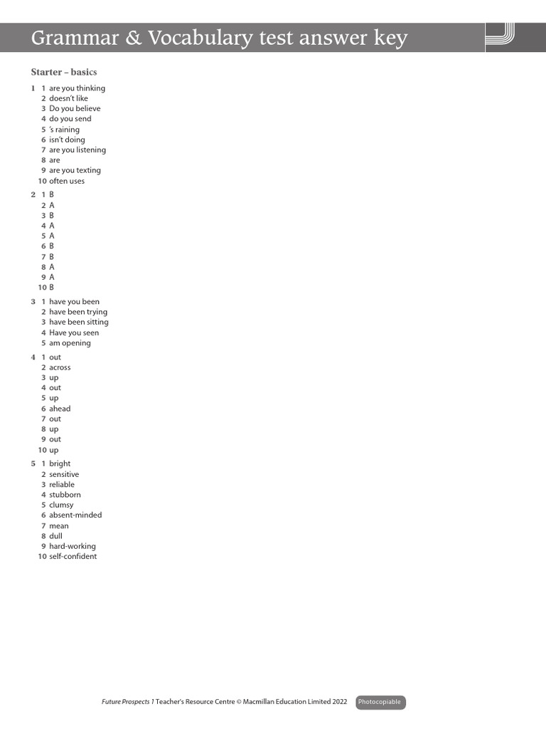 FP1 Grammar Vocabulary Basics Answer Key | PDF