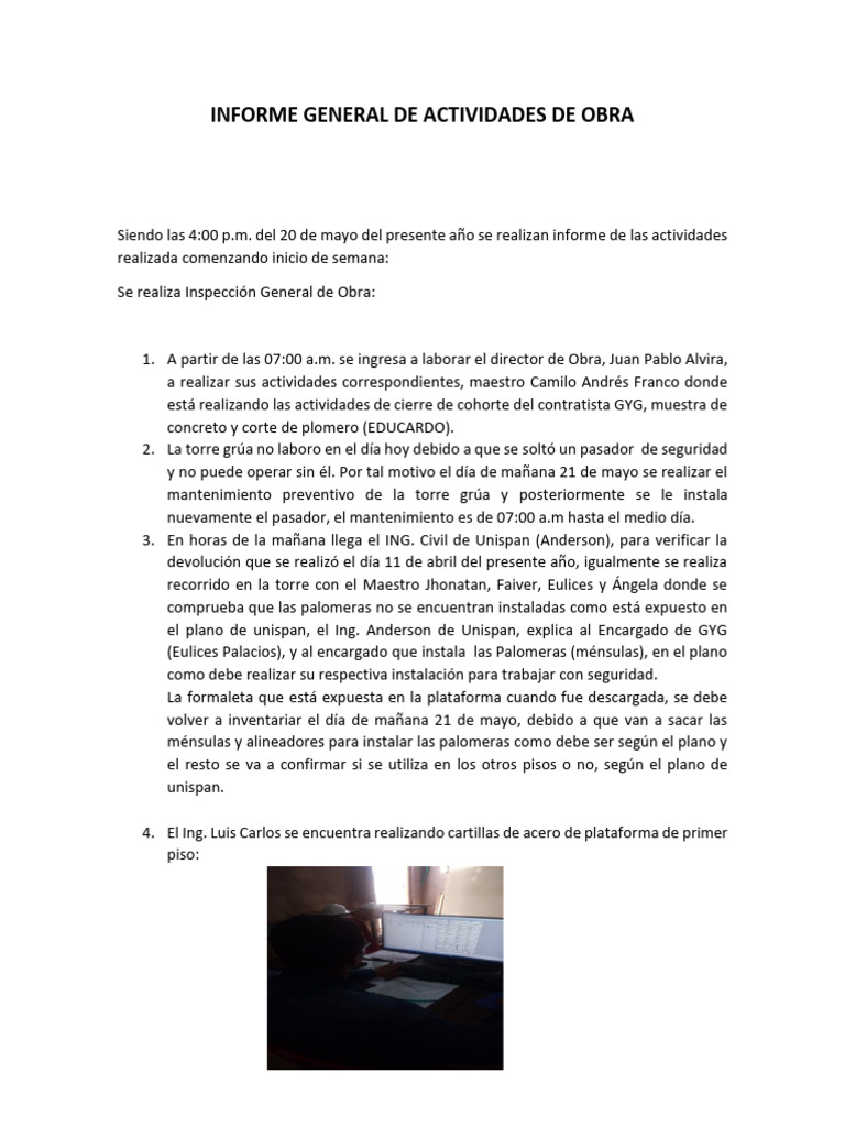 INFORME GENERAL DE ACTIVIDADES DE OBRA | PDF