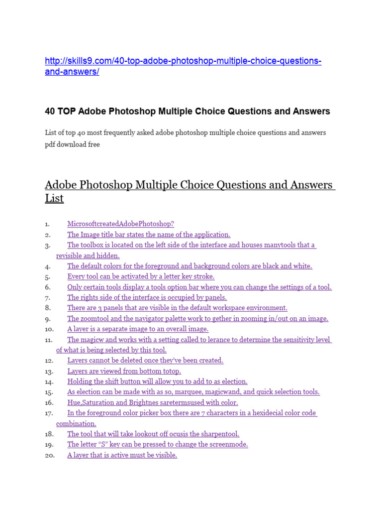 Adobe Photoshop Multiple Choice Questions and Answers List PDF Free ...