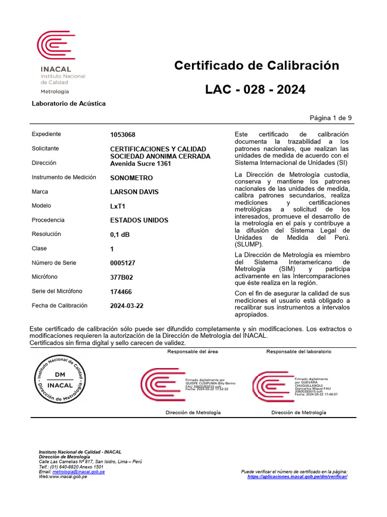 LAC-028-2024 SONOMETRO - EMA-31 - 0005127 - Cert. Calibracion | PDF | Metrología | Calibración