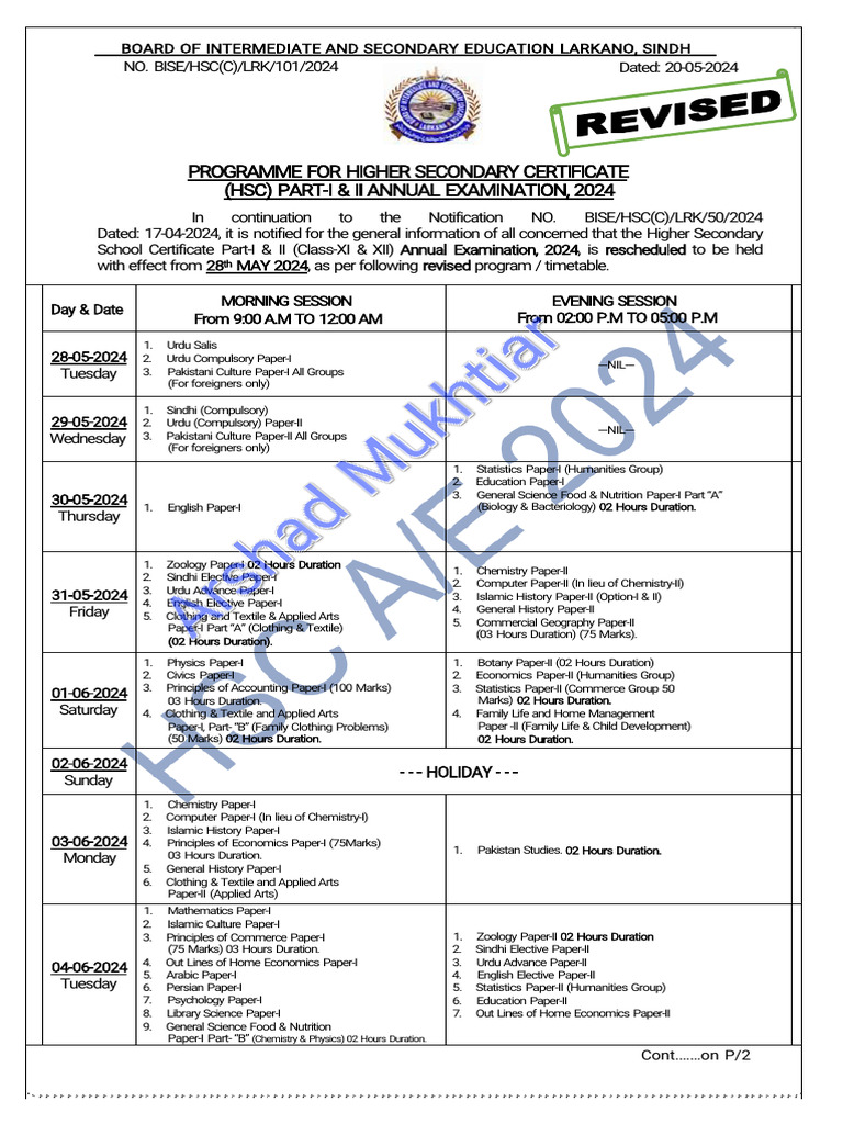 Rescheduled Time Table HSC 2024 | PDF