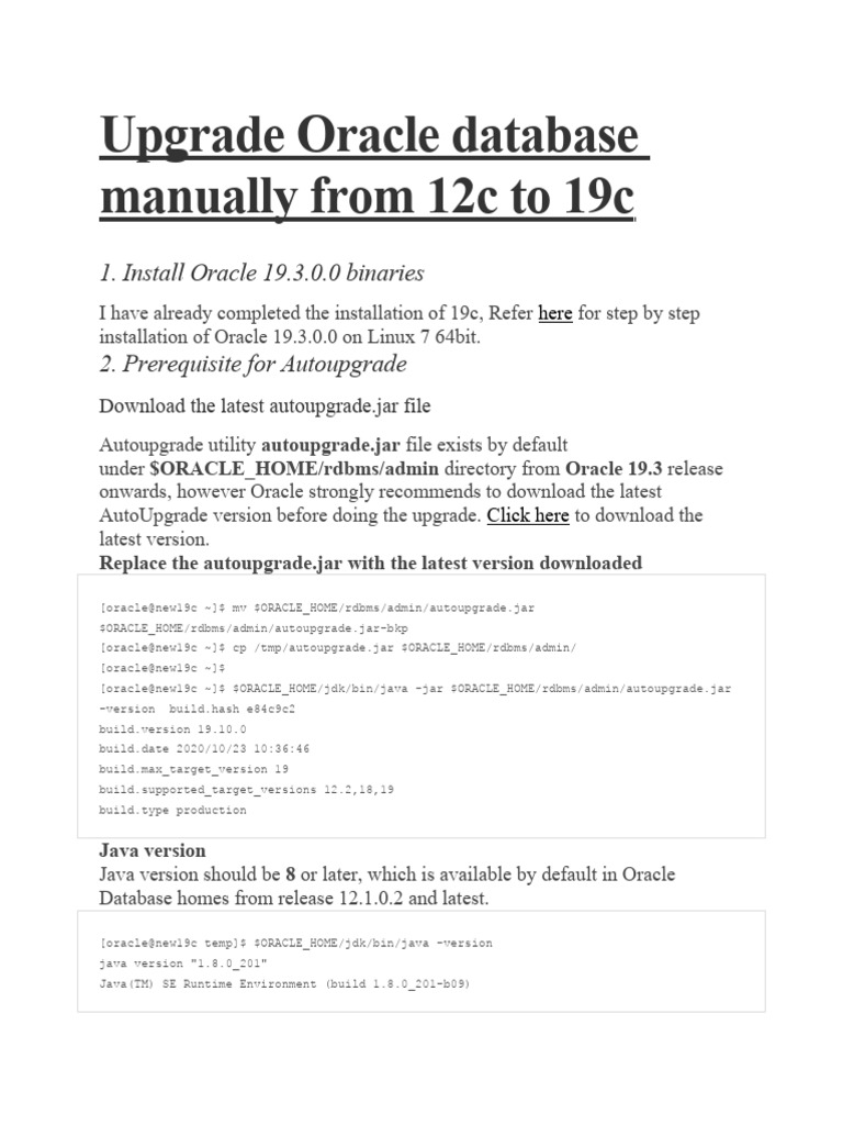 Upgrade Oracle Database Manually From 12c To 19c | PDF | Java (Programming Language) | Command ...