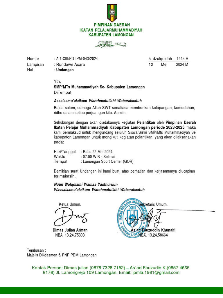 Undangan Pelantikan IPM Lamongan 2024 | PDF