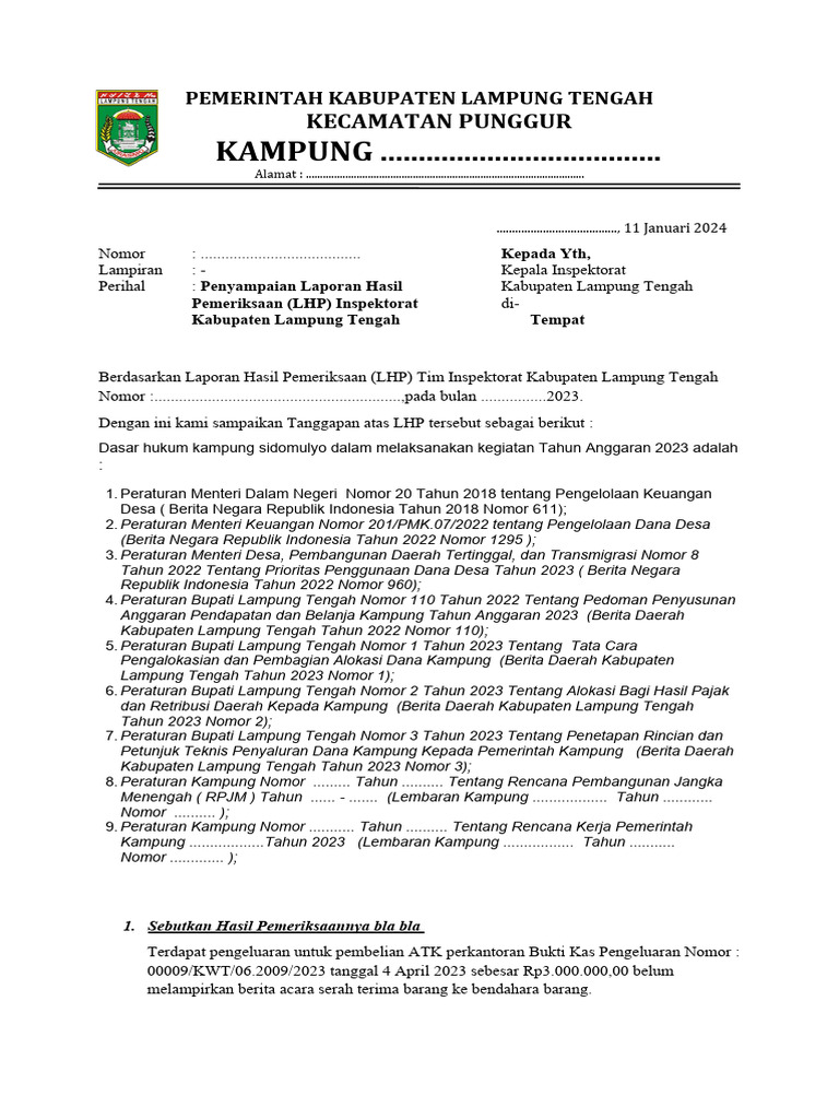 Contoh Surat Tanggapan LHP Dari Inspektorat | PDF | Pengelolaan ...