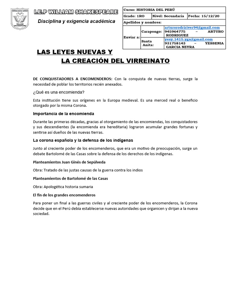 FICHA. 1°SEC.H.P. LA LEYES NUEVAS Y LA CREACIÓN DEL VIRREINATO | PDF ...