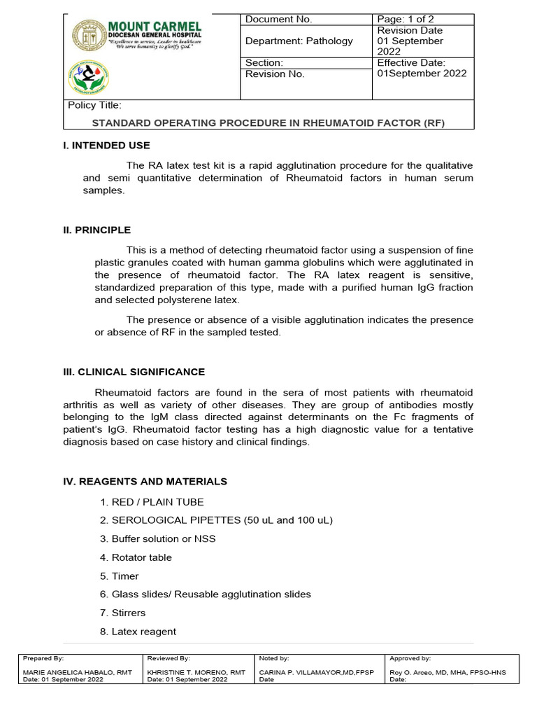 Sop RF | PDF | Rheumatoid Arthritis | Serology