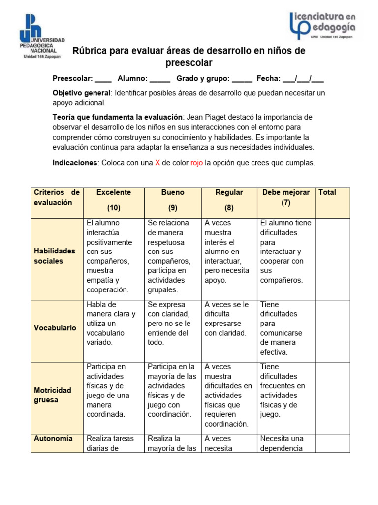 Rubrica para Evaluar Áreas de Desarrollo en Niños de Preescolar ...