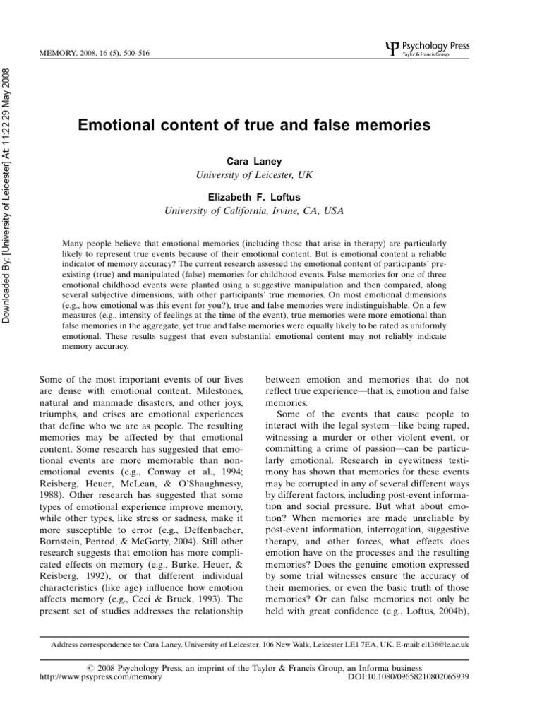 Laney Loftus EmotionalFalseMem Memory08 | PDF | Memory | Alien Abduction