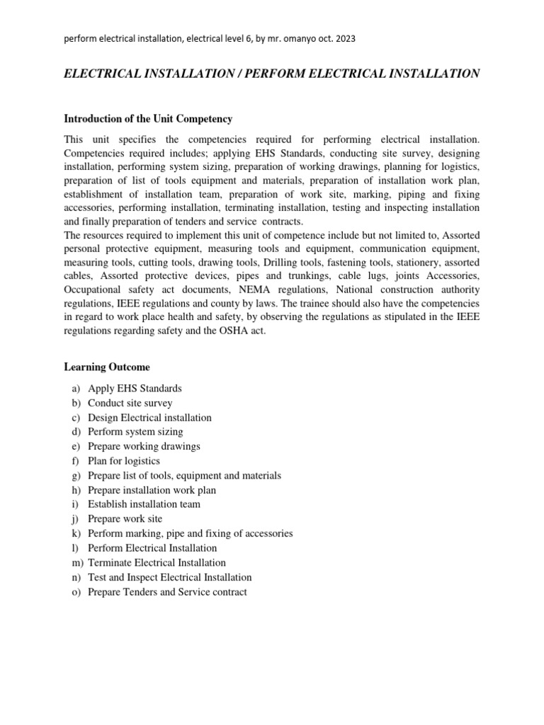 Electrical Installation / Perform Electrical Installation: Introduction ...