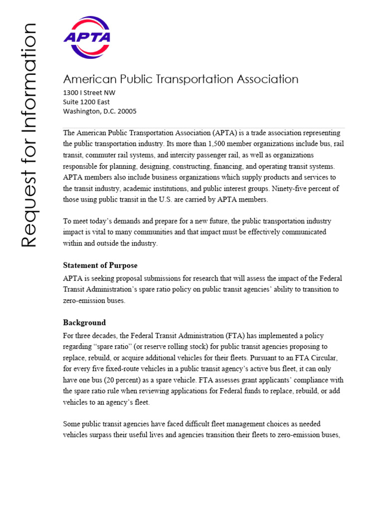 APTA RFI Spare Ratio Requirements-May 2024 | PDF | Indemnity | Public Transport