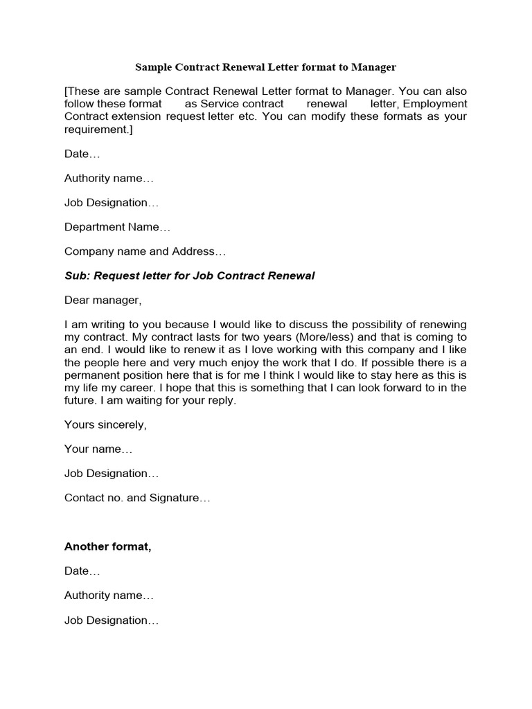 Sample Contract Renewal Letter Format To Manager | PDF